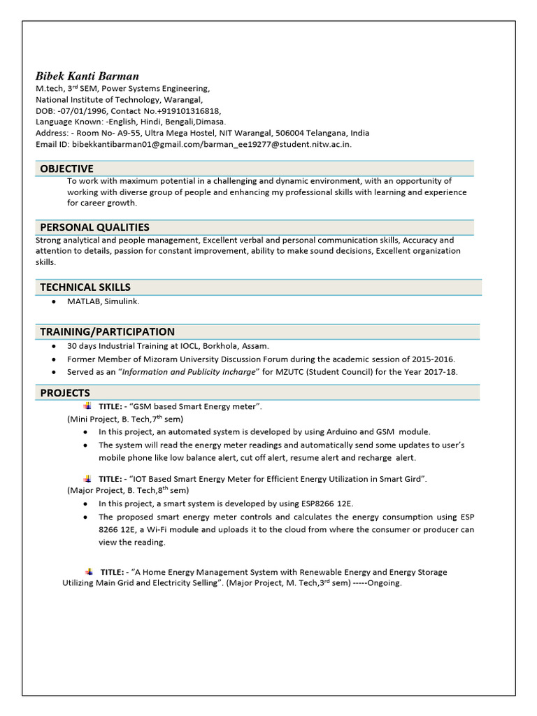 Bibek Kanti Barman 192604 Powersystemsengineering Resume | PDF | Internet Of Things