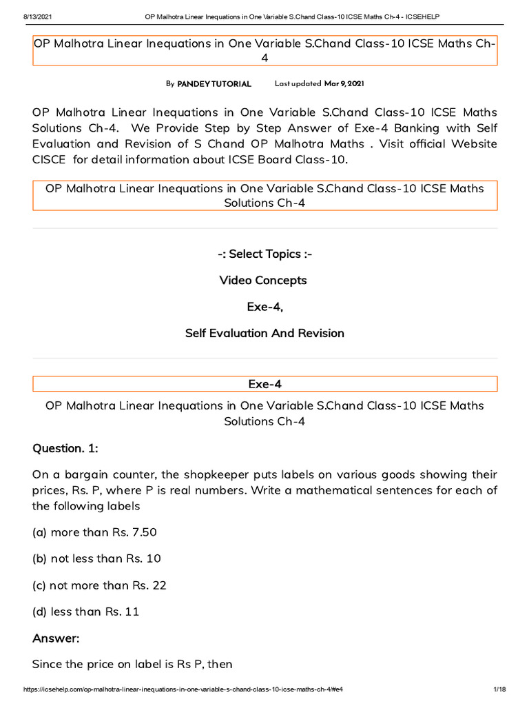 Ol Malhotra Class 10 Chapter 4 | PDF | Inequality (Mathematics) | Mathematics