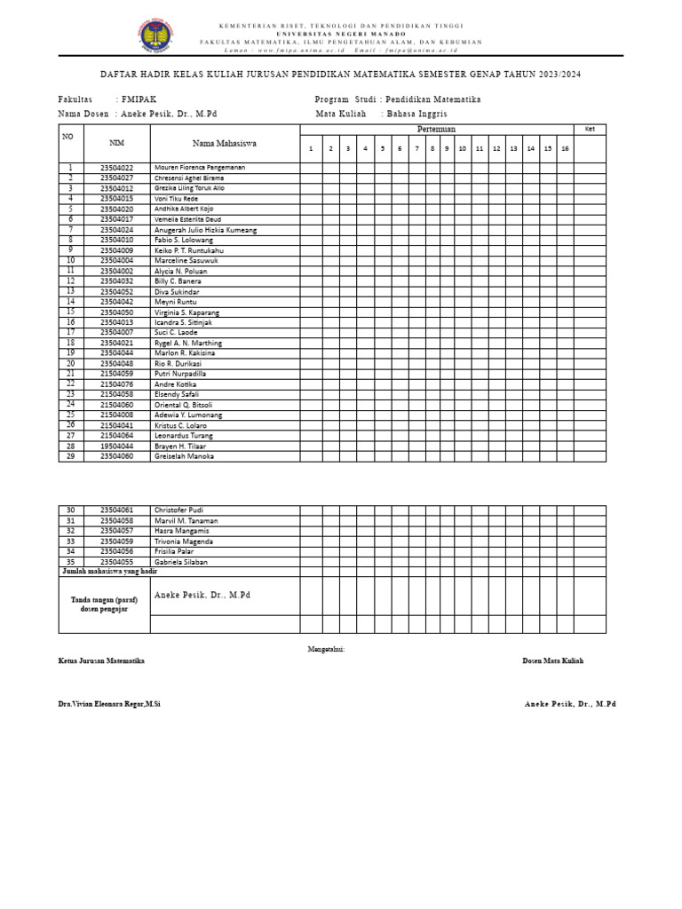 Daftar Hadir Kuliah Matematika 2023/2024 | PDF