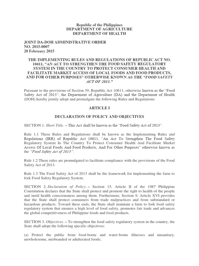 Joint DA-DOH Administrative Order No. 2015-0007 Series of 2015 | PDF ...