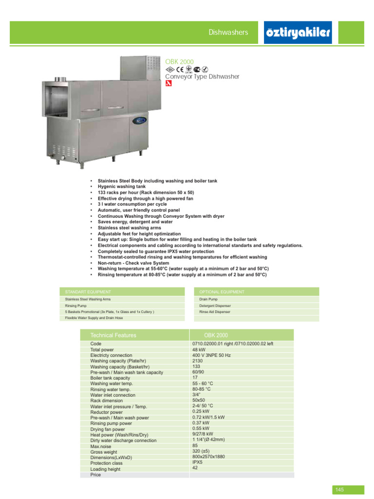 OBK 2000 Conveyor Dishwasher Specs | PDF | Dishwasher | Manufactured Goods