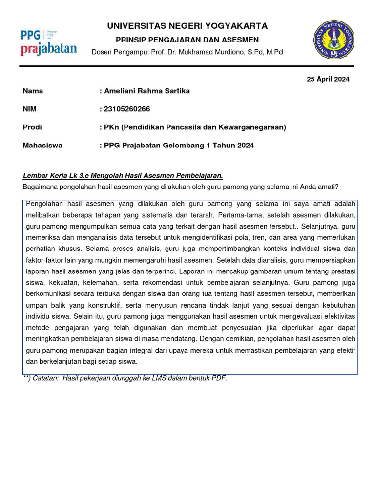 Topik 3 Lembar Kerja LK 3.e Mengolah Hasil Asesmen Pembelajaran | PDF