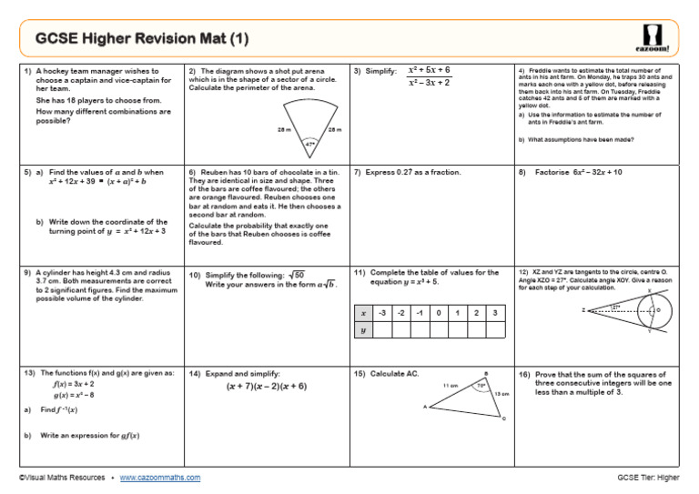 Cazoom Maths GCSE Higher Revision Mat | Download Free PDF ...