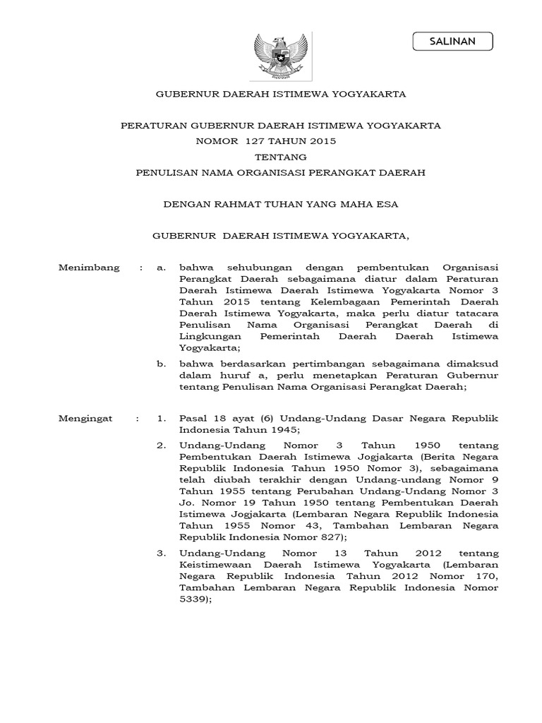 Pergub DIY No. 127 Tahun 2015 ttg Penulisan Nama Organisasi Perangkat Daerah | PDF