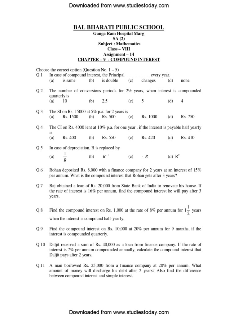 CBSE Class 8 Mathematics Ptactice Worksheet | PDF | Compound Interest ...