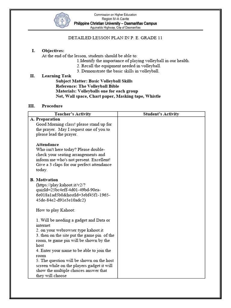 Grade 11 Volleyball Lesson Plan | PDF | Volleyball | Ball Games
