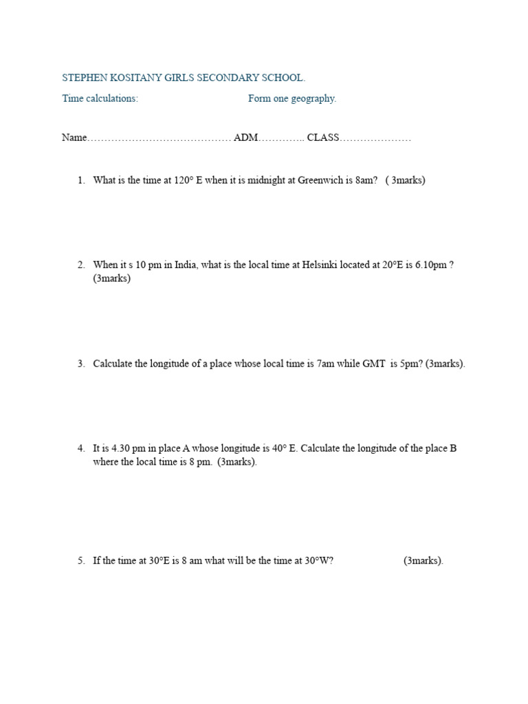 Form One Geography Time Calculation | PDF | Teaching Methods ...