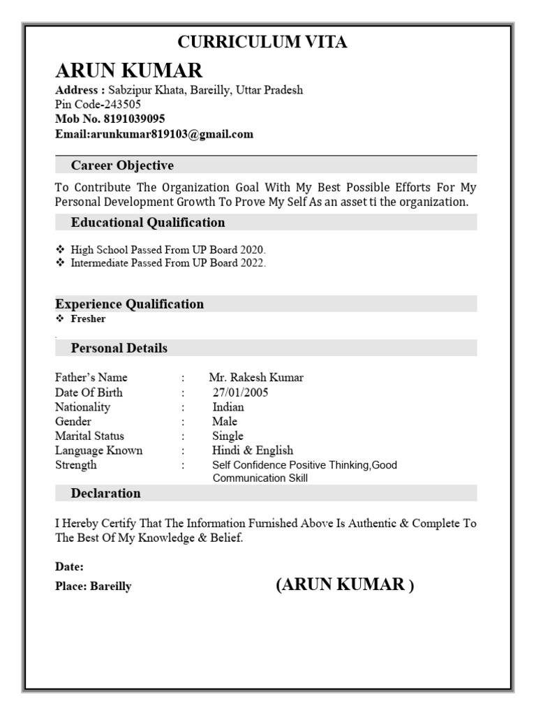 Arun Kumar's CV from Bareilly | PDF | Career & Growth | Self-Improvement