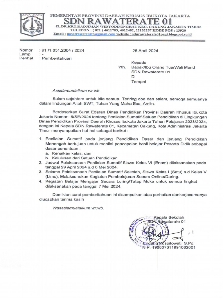 Surat Edaran & Jadwal ASS Tahun Pelajaran 2023-2024 | PDF