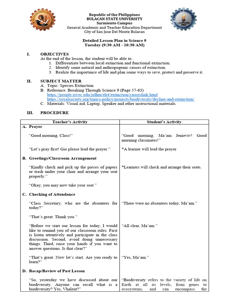 Detailed Lesson Plan in Science 9 | PDF | Habitat Destruction ...