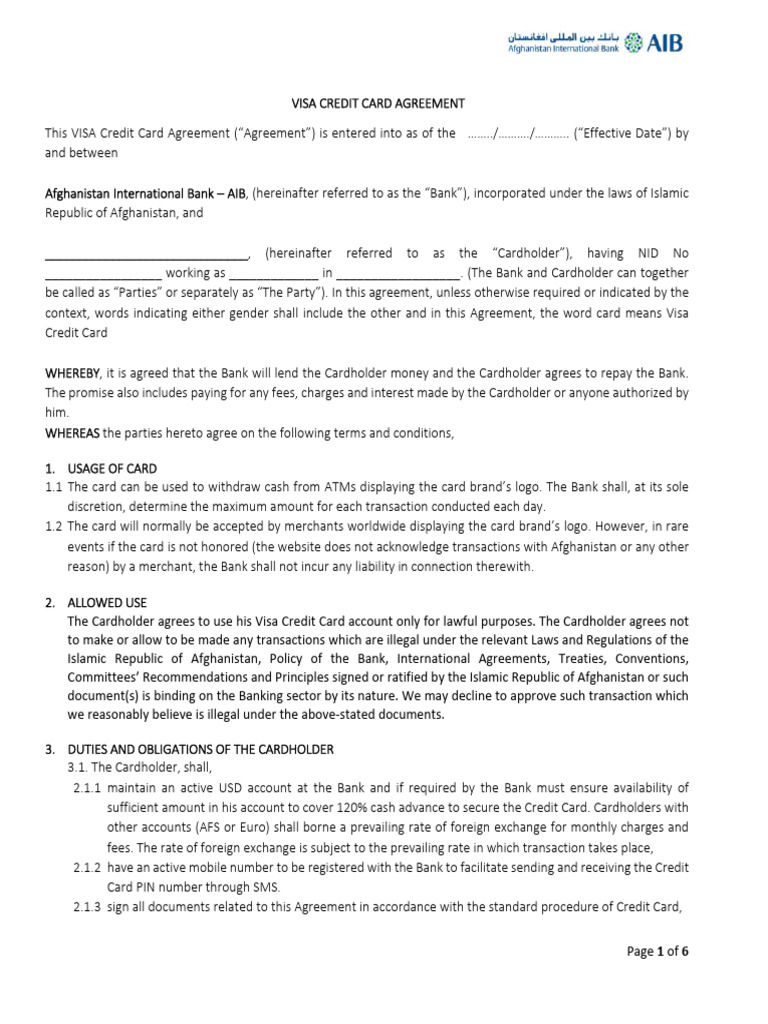 Visa Credit Card Agreement | PDF | Credit Card | Interest