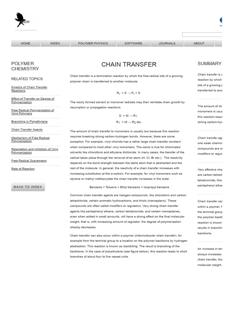 Chain Transfer in Polymers | PDF | Polymers | Polymerization