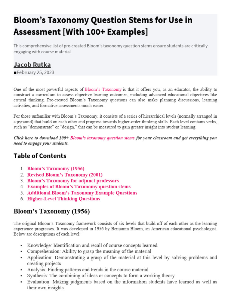 Bloom's Taxonomy Question Stems Guide | PDF | Critical Thinking | Cognition