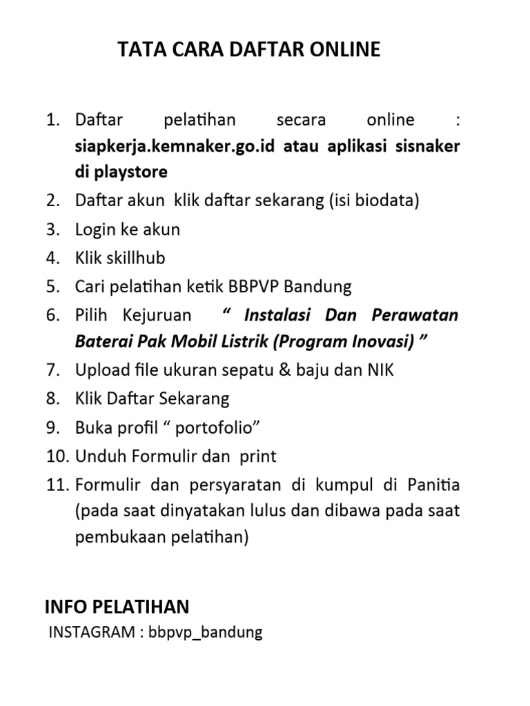 (Instalasi Dan Perawatan Baterai Pak Mobil Listrik (Program Inovasi) ) TATA CARA DAFTAR ONLINE ...