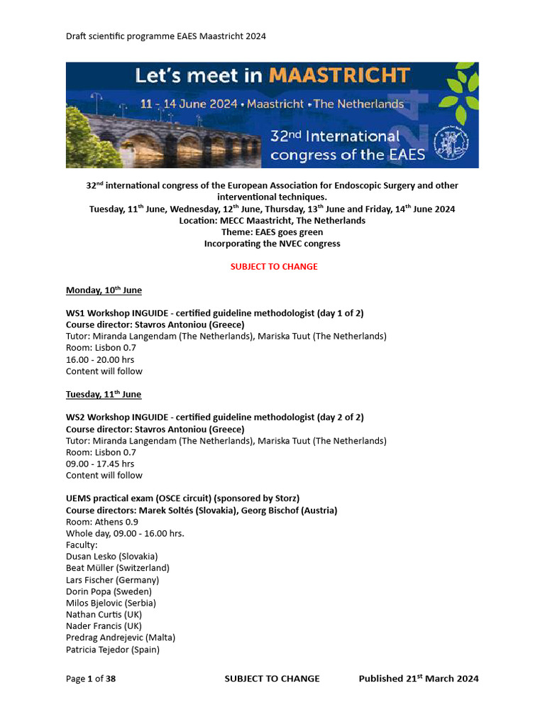 Scientific Programme EAES Congress Maastricht 2024 Published On 21 03 24 Subject To Change | PDF ...