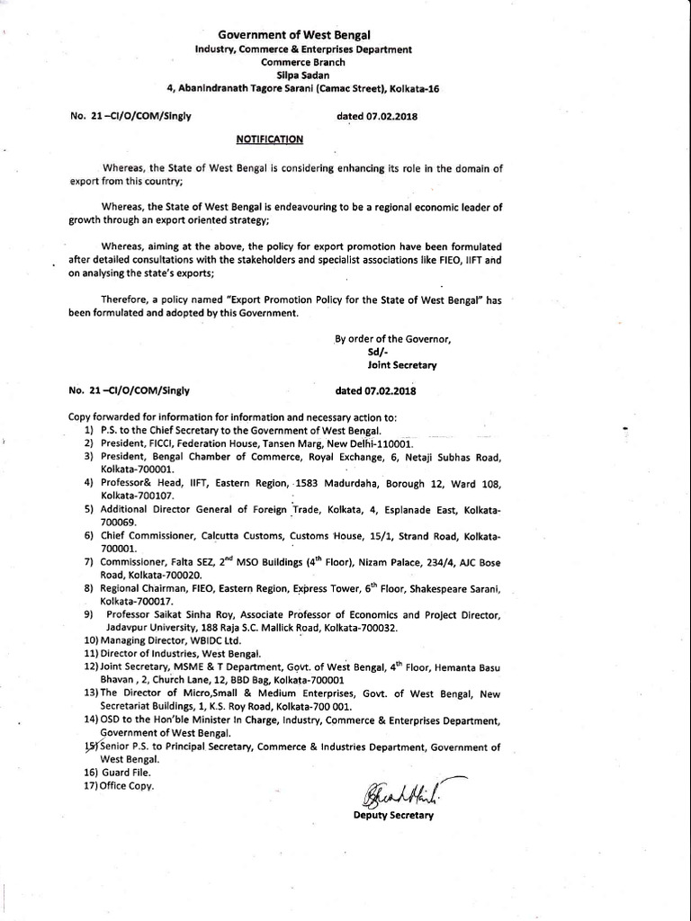 Export Promotion Policy WB | PDF | Kolkata | Business