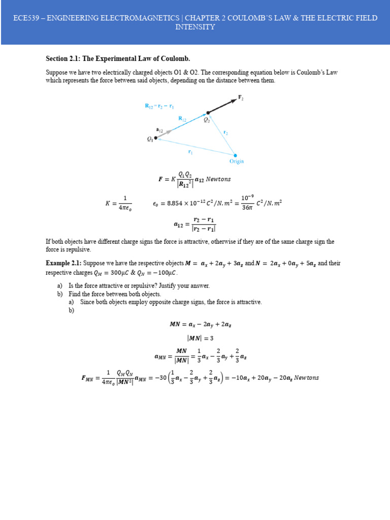 ECE539 Chapter 2 Coulomb's Law & The Electric Field Intensity | PDF | Electric Field | Force