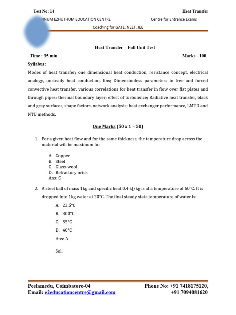 Heat Transfer Unit Test Overview | PDF | Heat Transfer | Thermal Conduction
