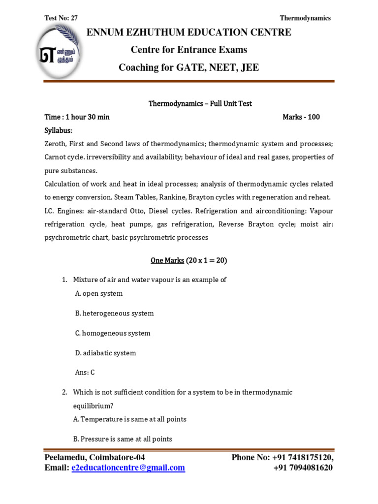 Thermodynamics - Full Unit Test - Solution | PDF | Temperature | Heat