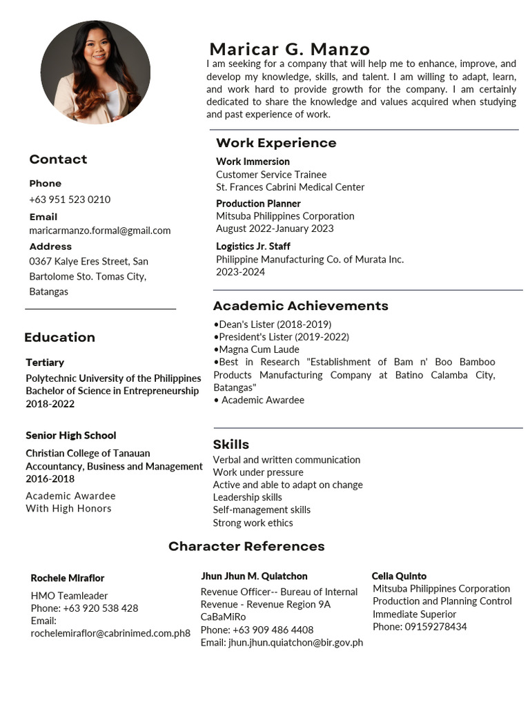 Maricar G. Manzo's Entrepreneurship Resume | PDF | Business