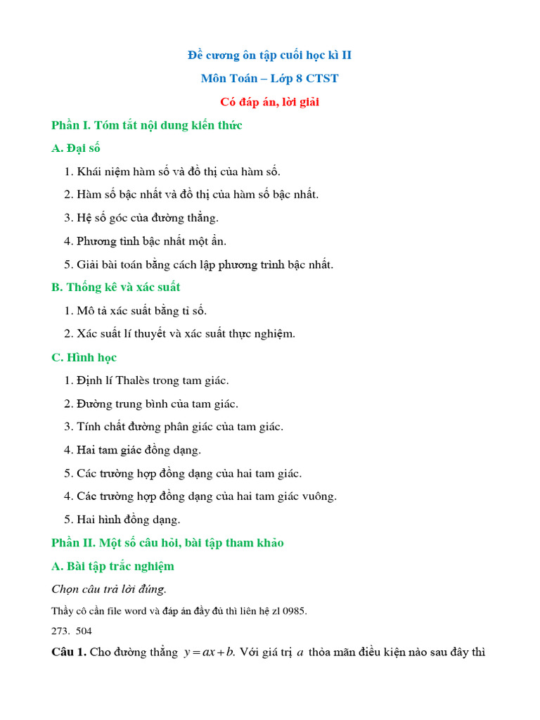 De Cuong On Tap Ki 2 Toan 8 CTST Co D An | PDF