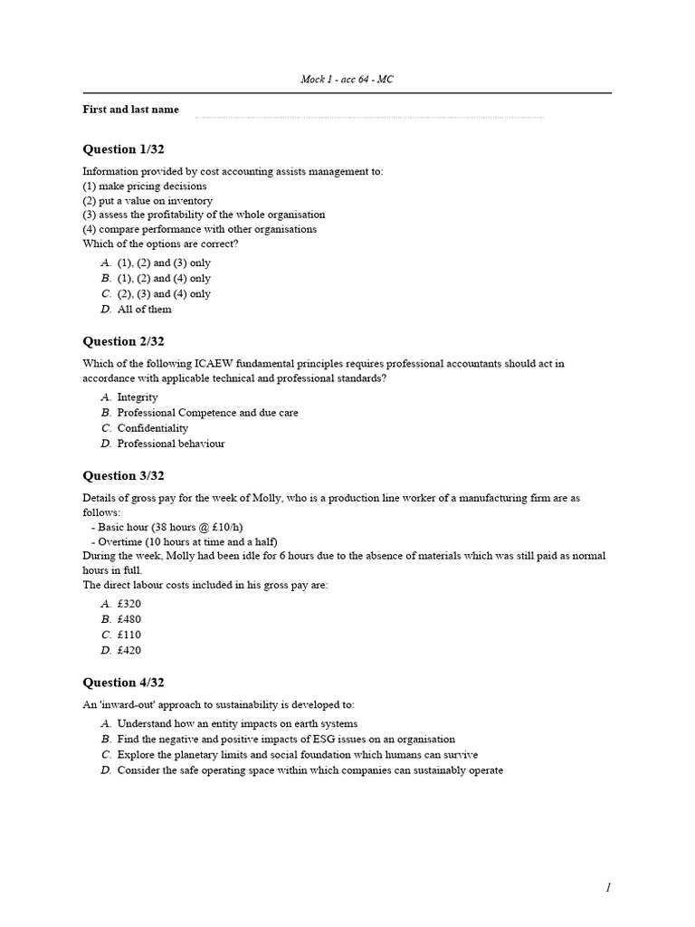 Mock 1 - Acc 64 - MC - Questions | PDF | Internal Rate Of Return | Cost Accounting