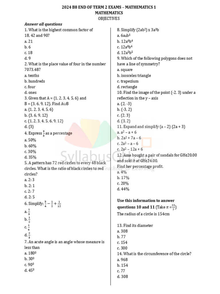 2024 B8 End of Term 2 Exams - Mathematics 1 | PDF | Mathematics ...