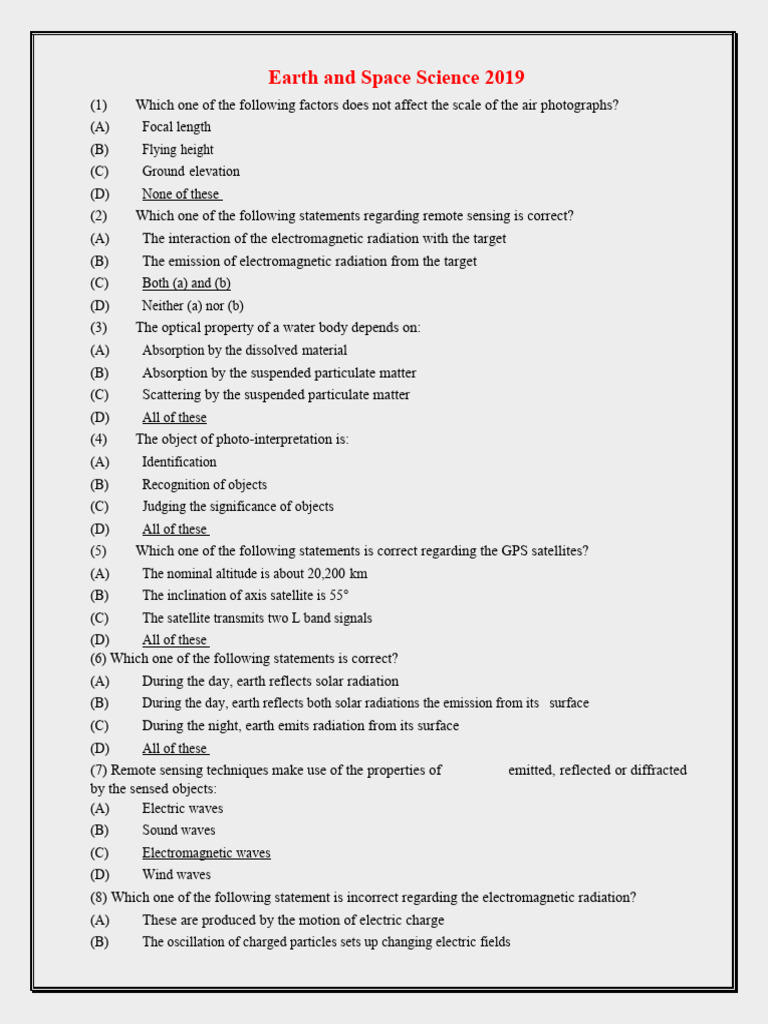 Earth and Space Science Remote Sensing Quiz | PDF | Electromagnetic ...