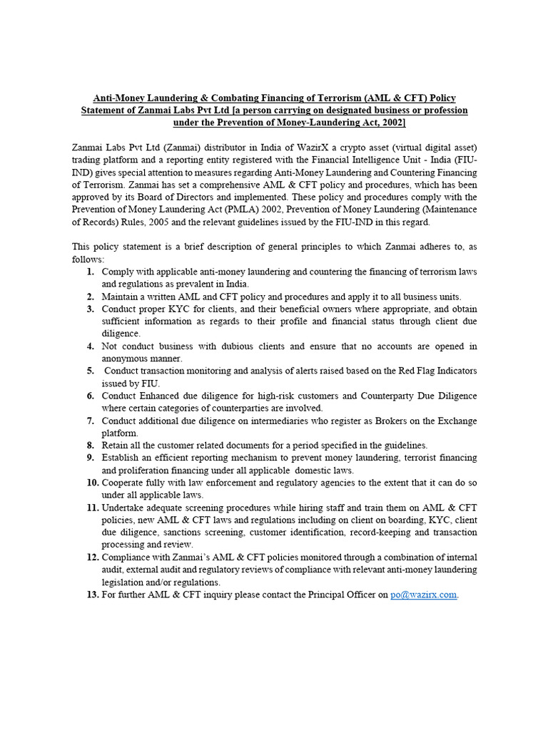 AML Policy Statement | PDF | Money Laundering | Terrorism Financing