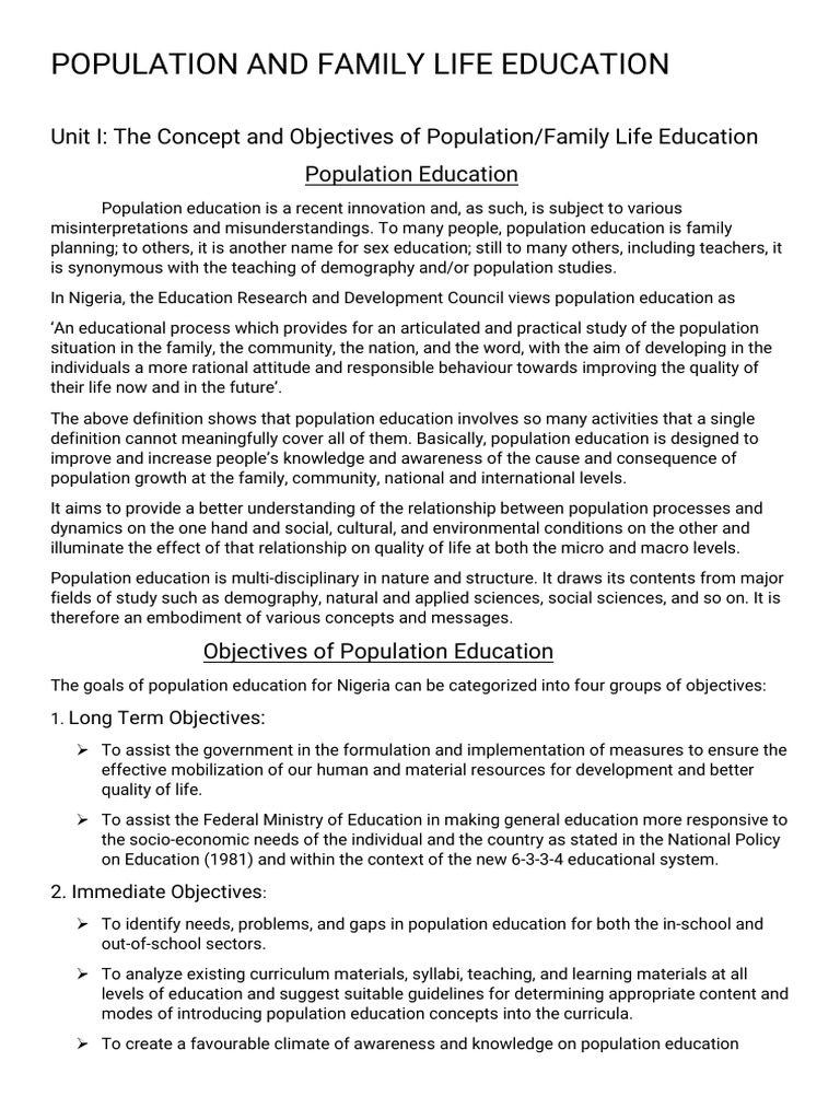 Population and Family Life Education Goals | PDF | Social Science ...