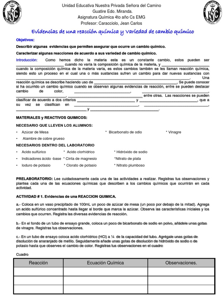 Practica 1 Evidencias de Una Reaccion y Variedad de Cambio Quimico ...
