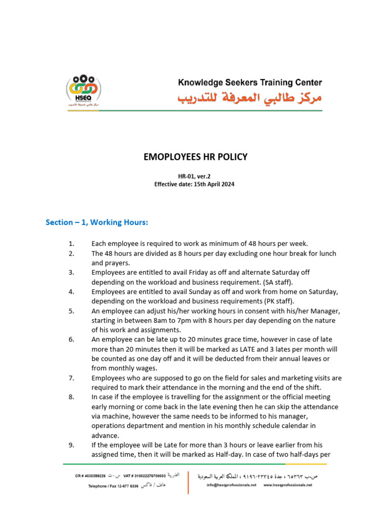 KSTC - HSEQ HR Policy Ver. 2. April 2024 | PDF | Overtime | Employment
