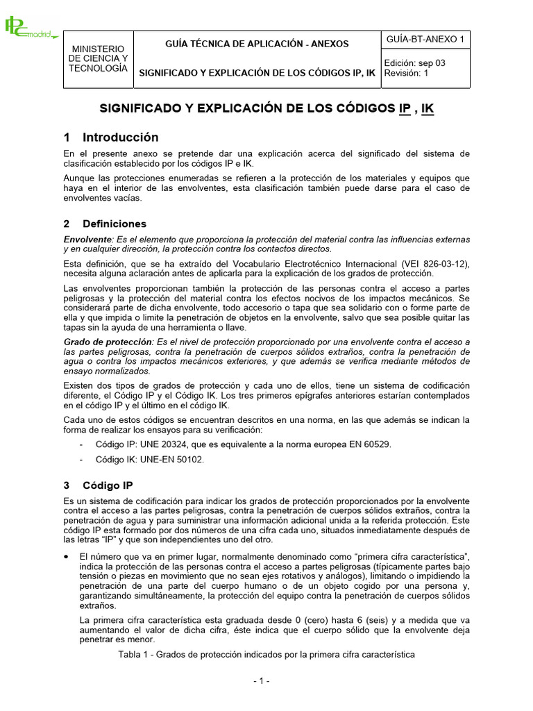 GUIA-BT-Anexo 1. Significado y Explicación de Los Códigos IP, IK | PDF | Seguro | Agua