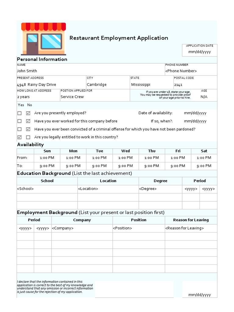 Restaurant Employment Application Template TemplateLab | PDF | Criminal ...