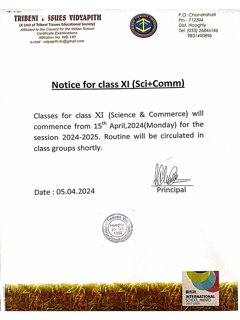Notice For Class XI (Sci+Comm) | PDF