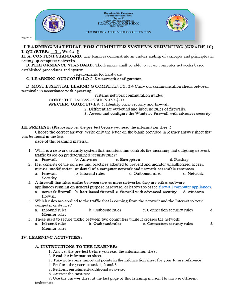 Carlos CSS10 Q1 LM5 | PDF | Firewall (Computing) | Computer Network