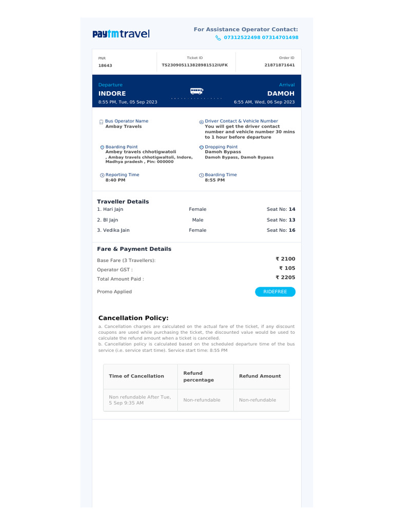 Paytm Bus Eticket | Download Free PDF | Baggage | Ticket (Admission)