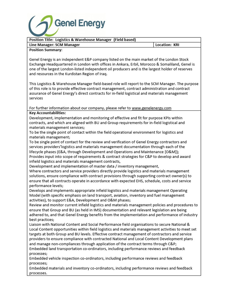 Logistics & Warehouse Manager Job Description V2 | PDF | Logistics ...