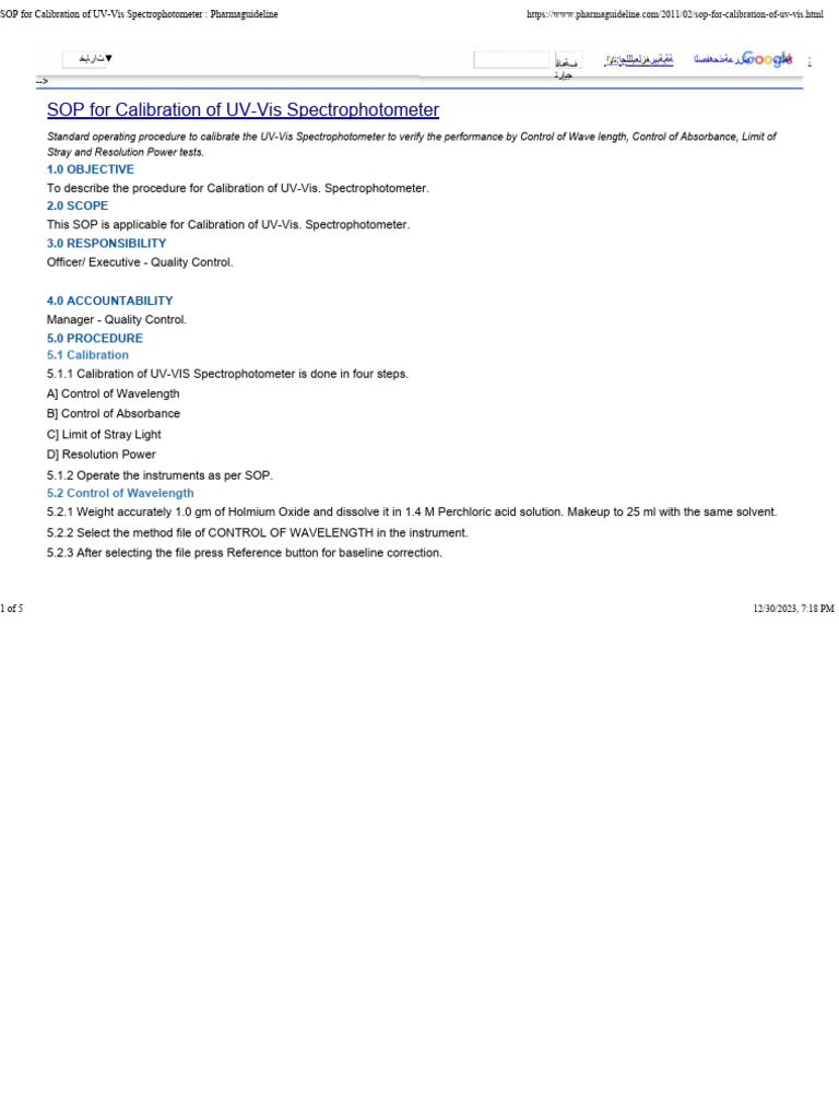 UV-Vis Spectrophotometer Calibration SOP | PDF | Ultraviolet–Visible ...
