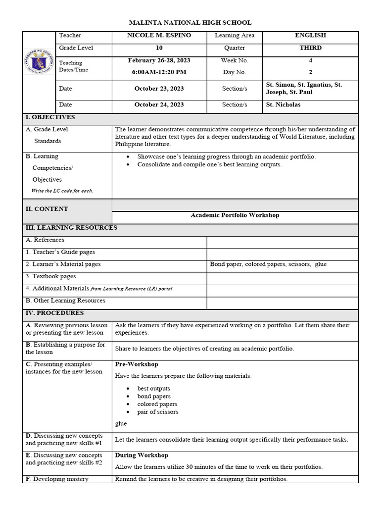 Espino DLL Q3 Week4 2023 2024 | PDF | Learning | Teachers