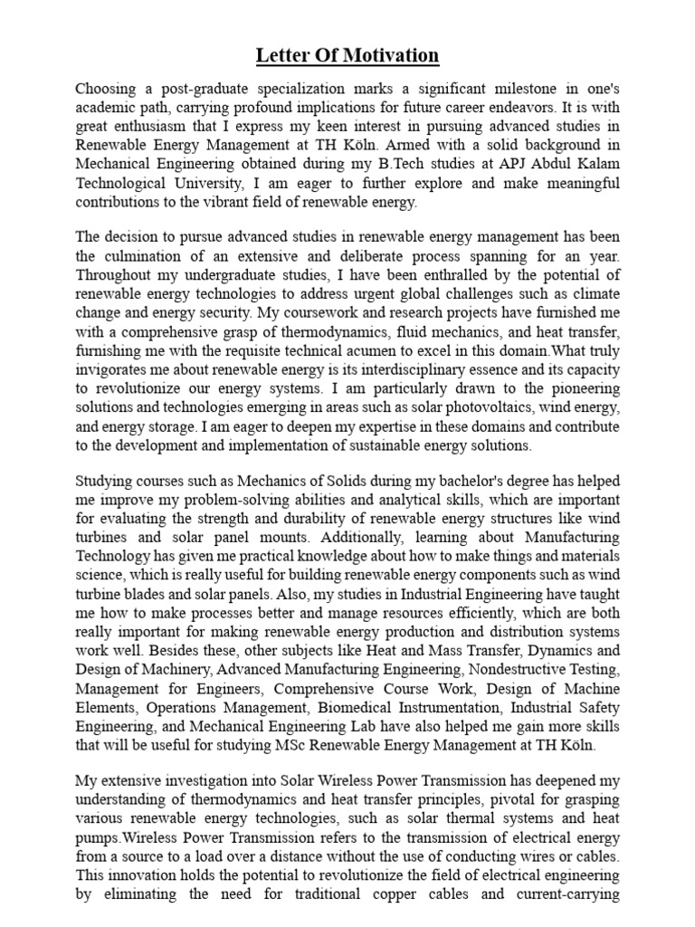 Statement of Purpose - TH Koln | PDF | Renewable Energy | Engineering