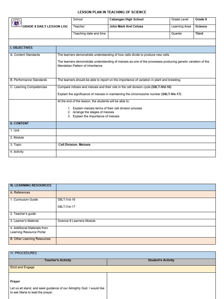 4-5-Lesson Plan - Cell Division - Meiosis | PDF | Meiosis | Chromosome