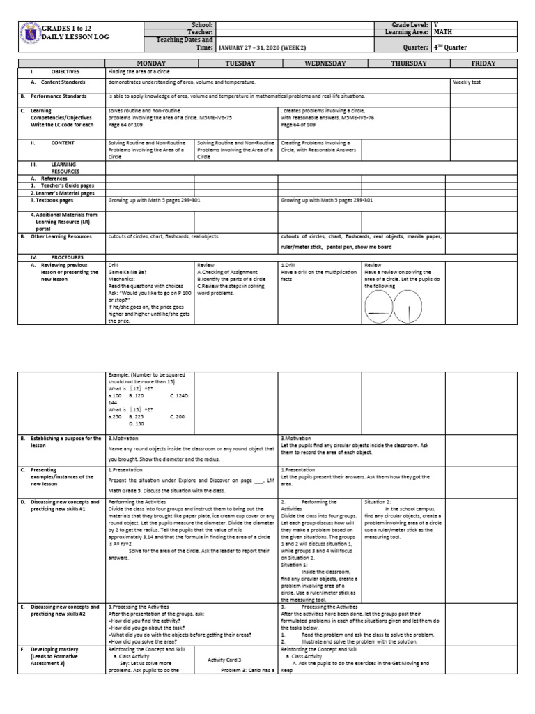 Grade 5 Dll Math 5 q4 Week 2 | PDF | Area | Circle
