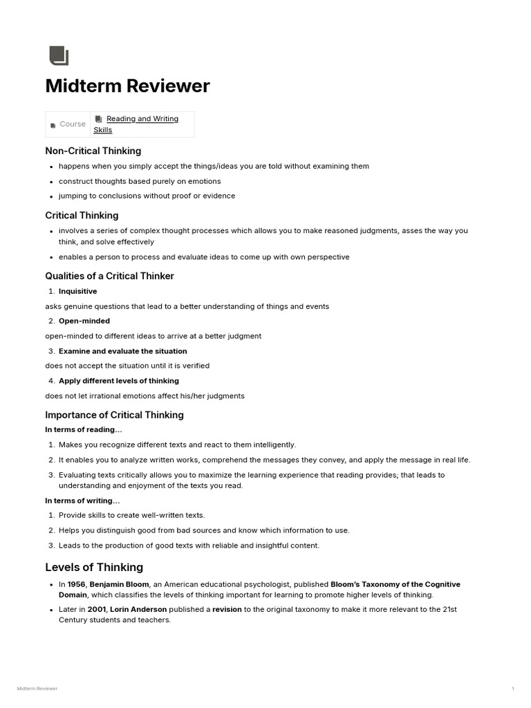 Midterm Reviewer: Non-Critical Thinking | PDF | Thought | Speed Reading