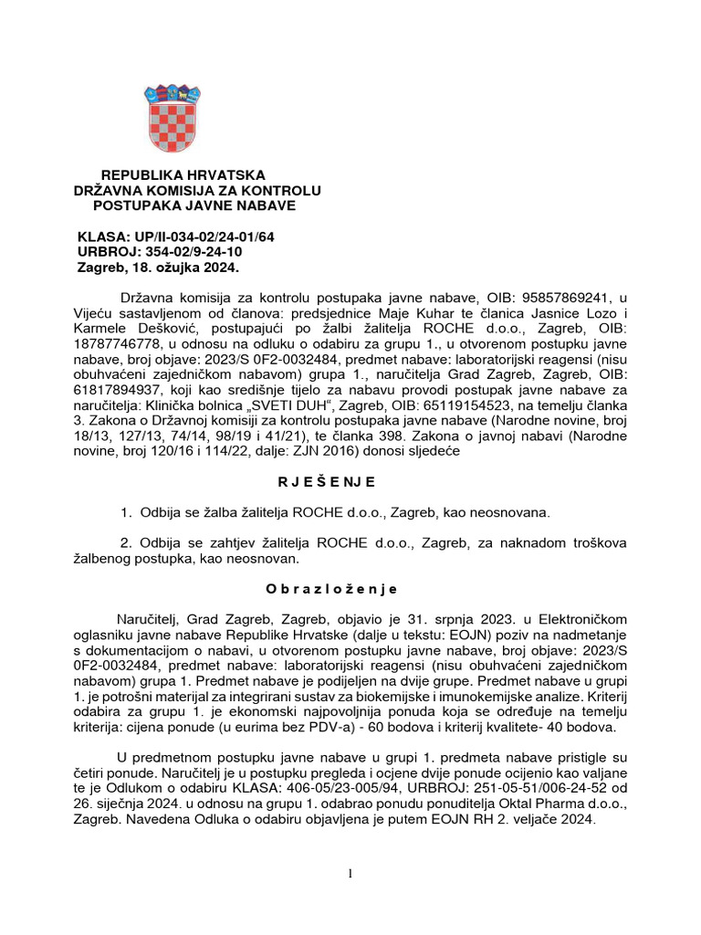 Republika Hrvatska Državna Komisija Za Kontrolu Postupaka Javne Nabave | PDF
