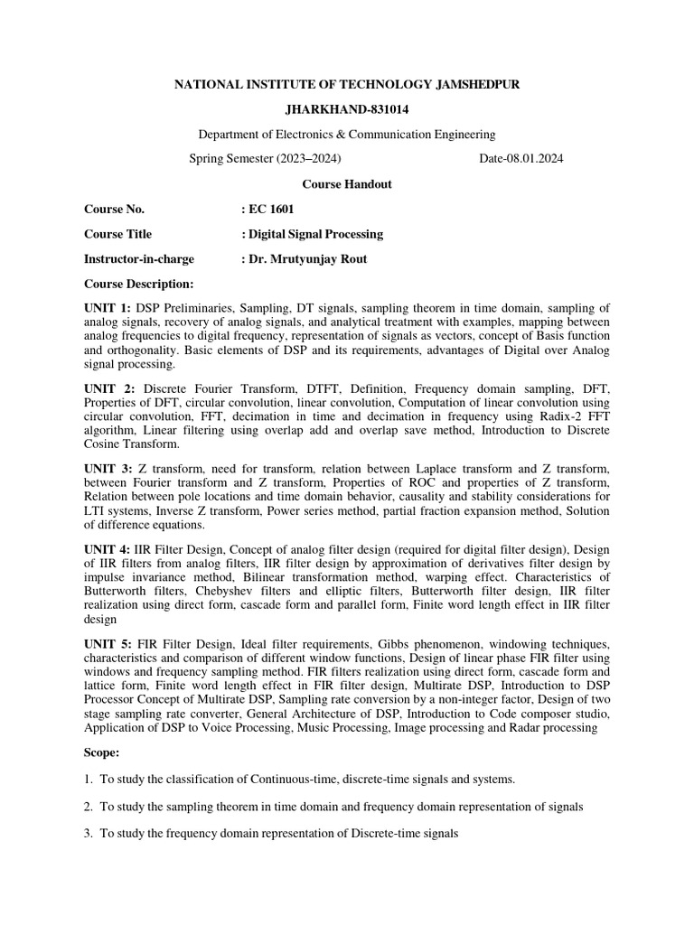 Handout NIT Digital Signal Processing | PDF | Digital Signal Processing | Discrete Fourier Transform