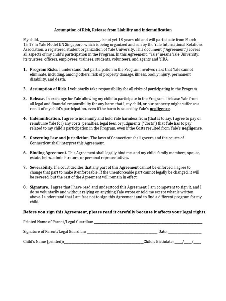 YMUNS Waiver Form | PDF | Indemnity | Private Law