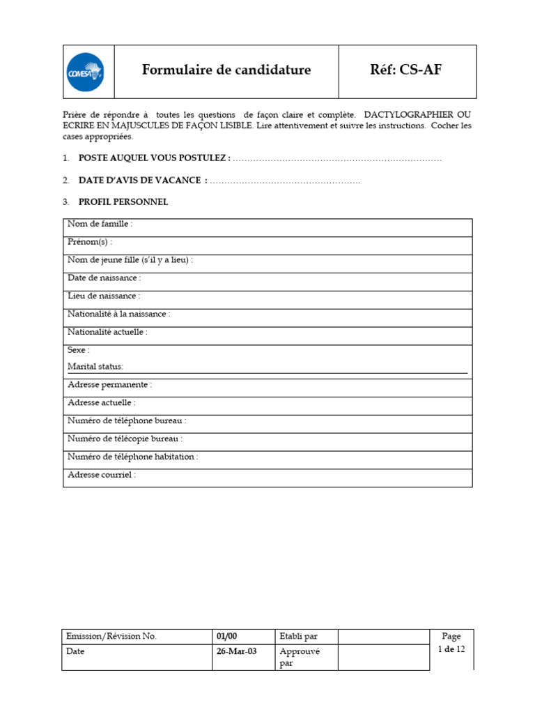 Formulaire de candidature COMESA | PDF