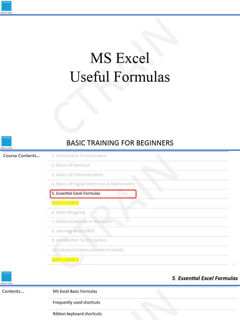 5. Cotmac - Industrial Automation Training - Essential Excel Formulas - R0 (1) | PDF | Visual ...