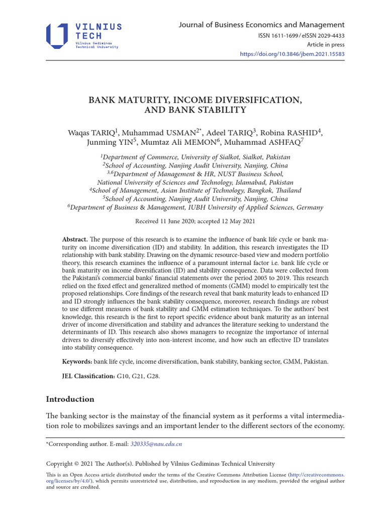 Bank Maturity, Income Diversification, and Bank Stability | PDF | Banks | Diversification (Finance)